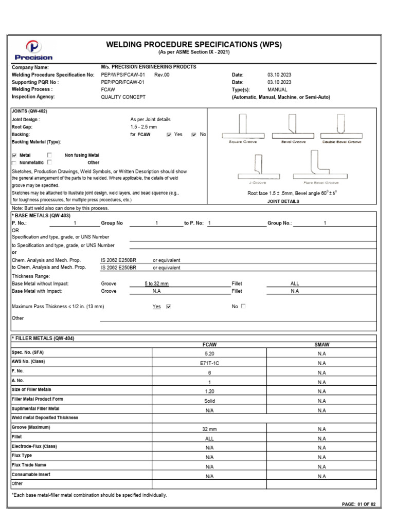 WPS-01 - FCAW-3G - (E250BR To E250BR-A36) - CSWIP - 03.10.2023 (Group-1) - Groove Joints | PDF ...