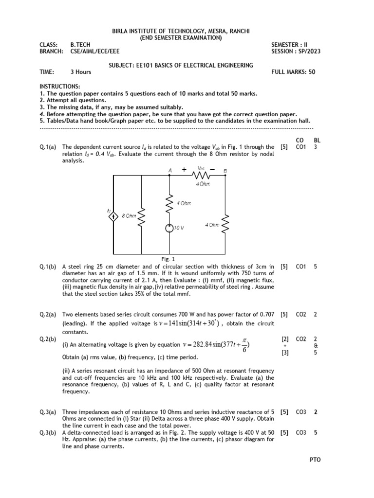 Ee101 Basics of Electrical Engineering (End - SP23) | PDF | Electrical Impedance | Inductance