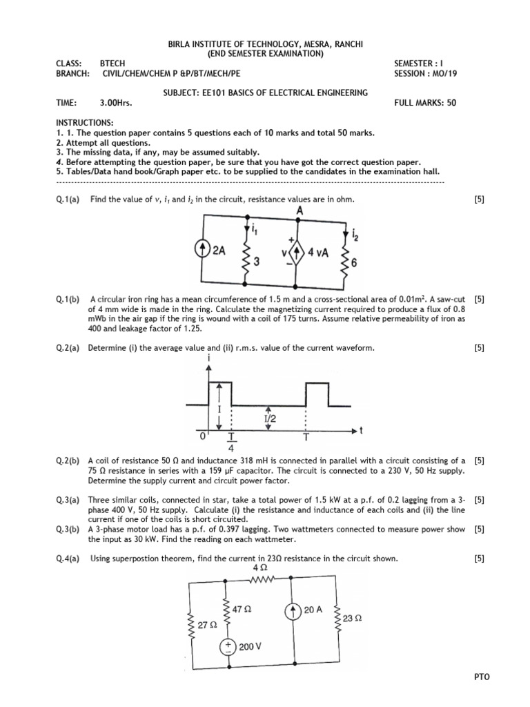 Ee101 Basics of Electrical Engineering (End - Mo19) | PDF | Inductor | Electrical Engineering