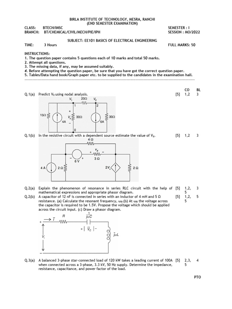 Ee101 Basics of Electrical Engineering (End - Mo22) | PDF | Electrical Network | Capacitor