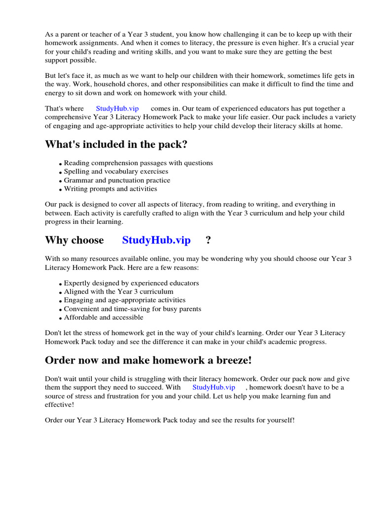 Year 3 Literacy Homework Pack | PDF | Literacy | Homework