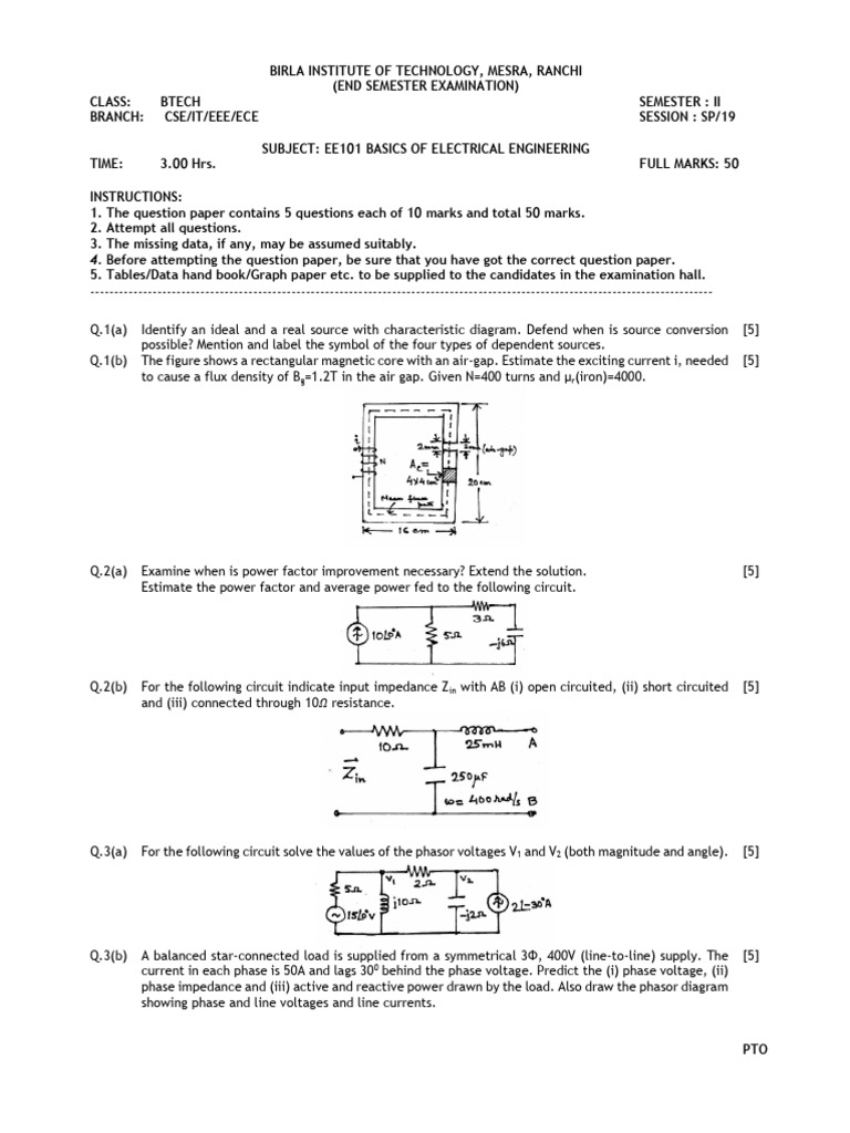 Ee101 Basics of Electrical Engineering (End - SP19) | PDF | Electrical Impedance | Electrical ...