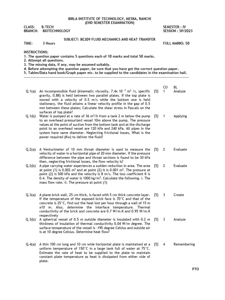 Fluid Mechanics & Heat Transfer Exam | PDF | Heat Transfer | Mechanics
