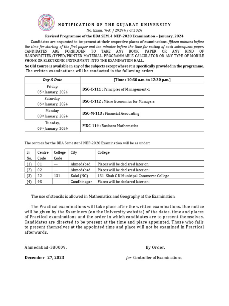 Revised BBA Sem-I Dt. 05-01-2024 | PDF