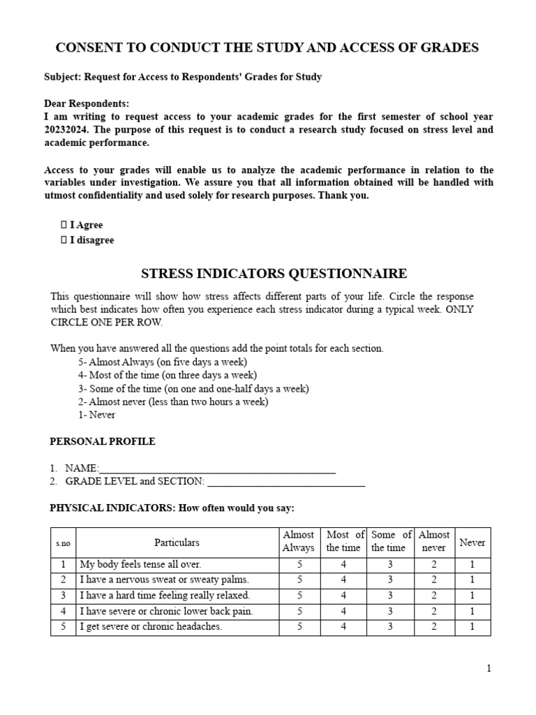 Stress Indicators Questionnaire-1 | PDF | Sleep | Clinical Medicine