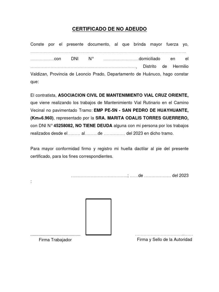 11.11 Certificado de NO ADEUDO cada trabajador-HUAYHUANTE | PDF