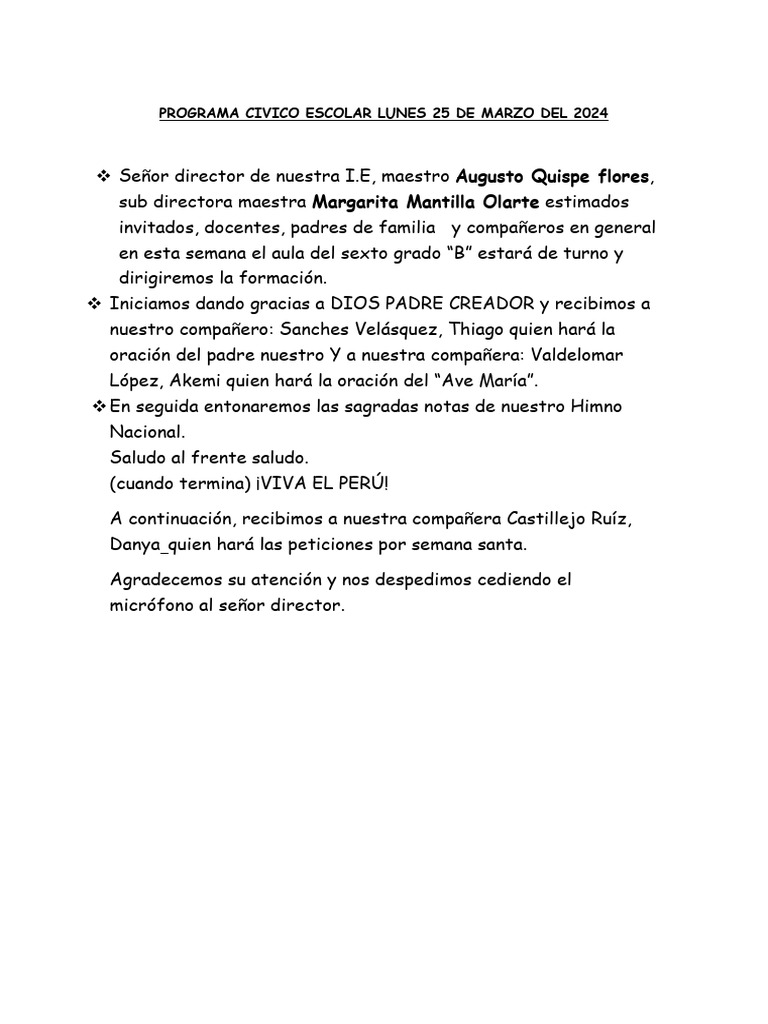 Programa Civico Escolar Lunes 25 de Marzo Del 2024 | PDF