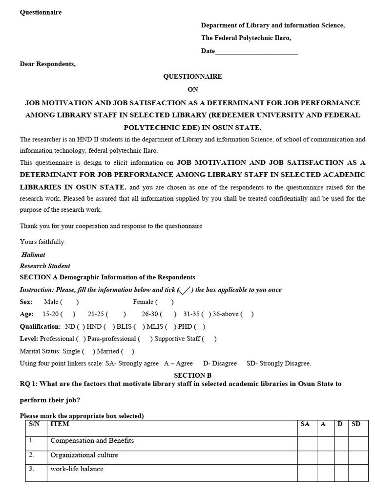 Questionnaire Format | Download Free PDF | Job Satisfaction | Libraries
