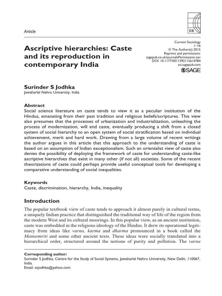 Caste (Approach by Jodhka) | PDF | Caste | Social Stratification