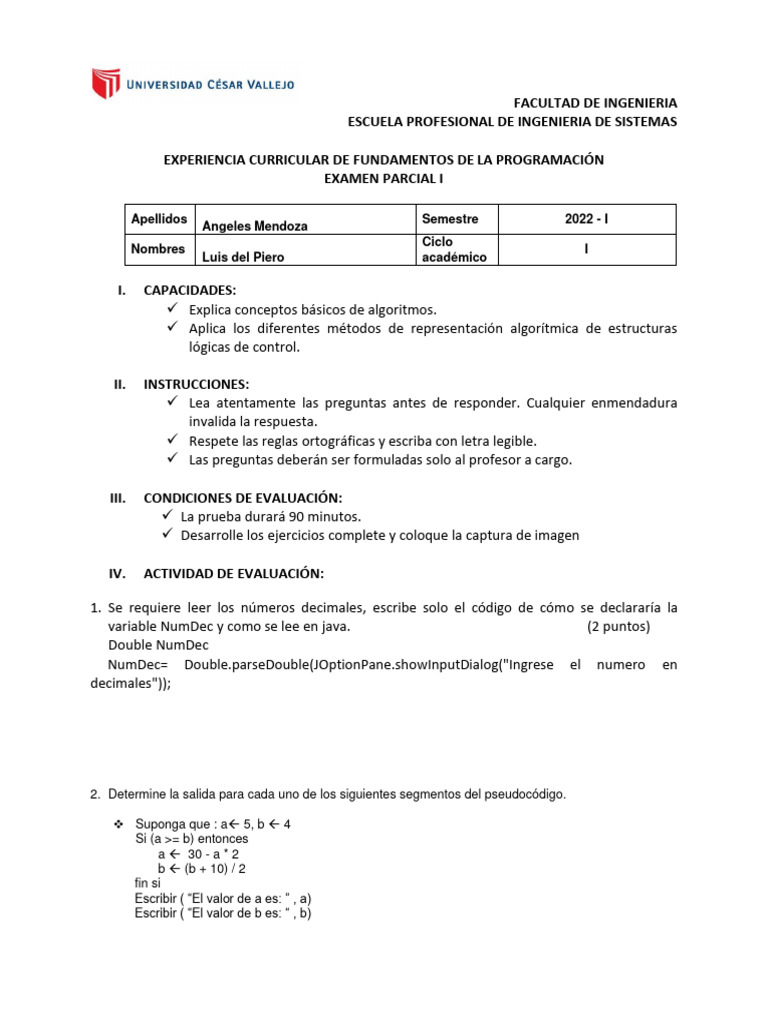 EP2-Examen Parcial Fundamentos Programación | PDF | Programación de computadoras | Algoritmos