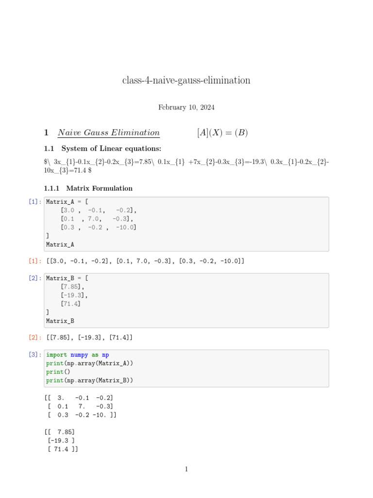 Class 4 Naive Gauss Elimination | PDF | Algebra | Algorithms