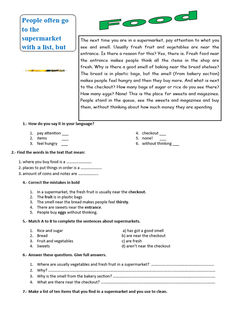 Food Reading Comprehension Exercises - 78940 | PDF | Supermarket | Cooking