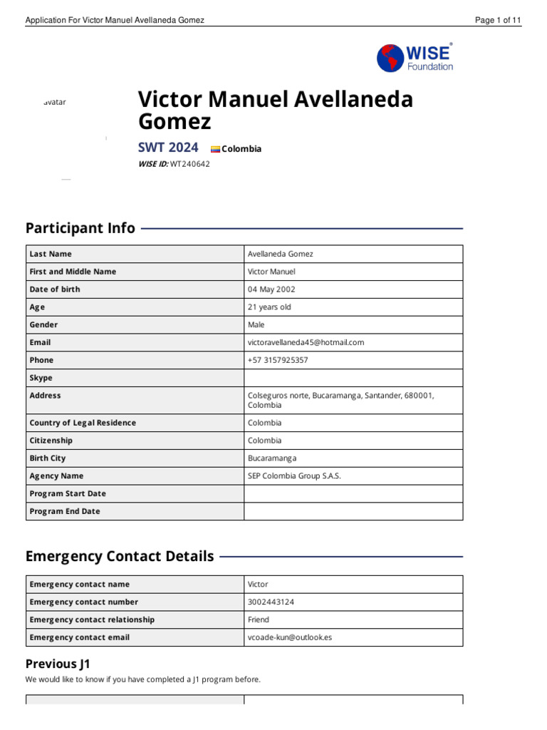 Victor Avellaneda's J1 Visa Application | PDF | Insurance | Employment