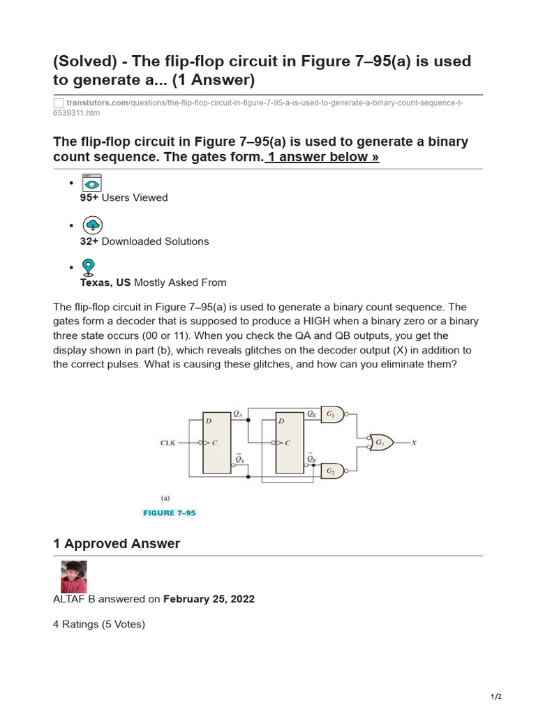 Solved - The Flip-Flop Circuit in Figure 795a Is Used To Generate A 1 Answer | PDF