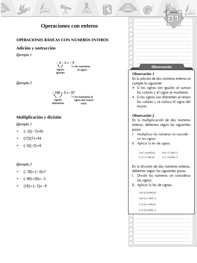Operaciones Básicas con Números Enteros | PDF | Multiplicación | Entero