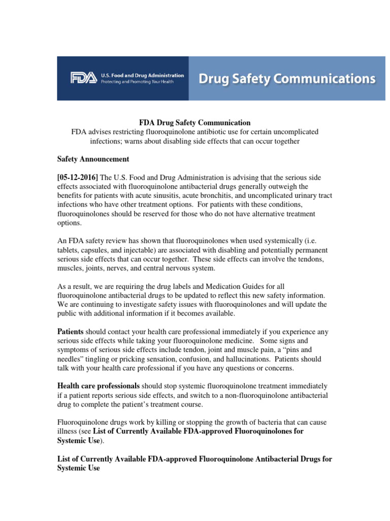 FDA Warns on Fluoroquinolone Risks | PDF | Clinical Medicine | Pharmacy