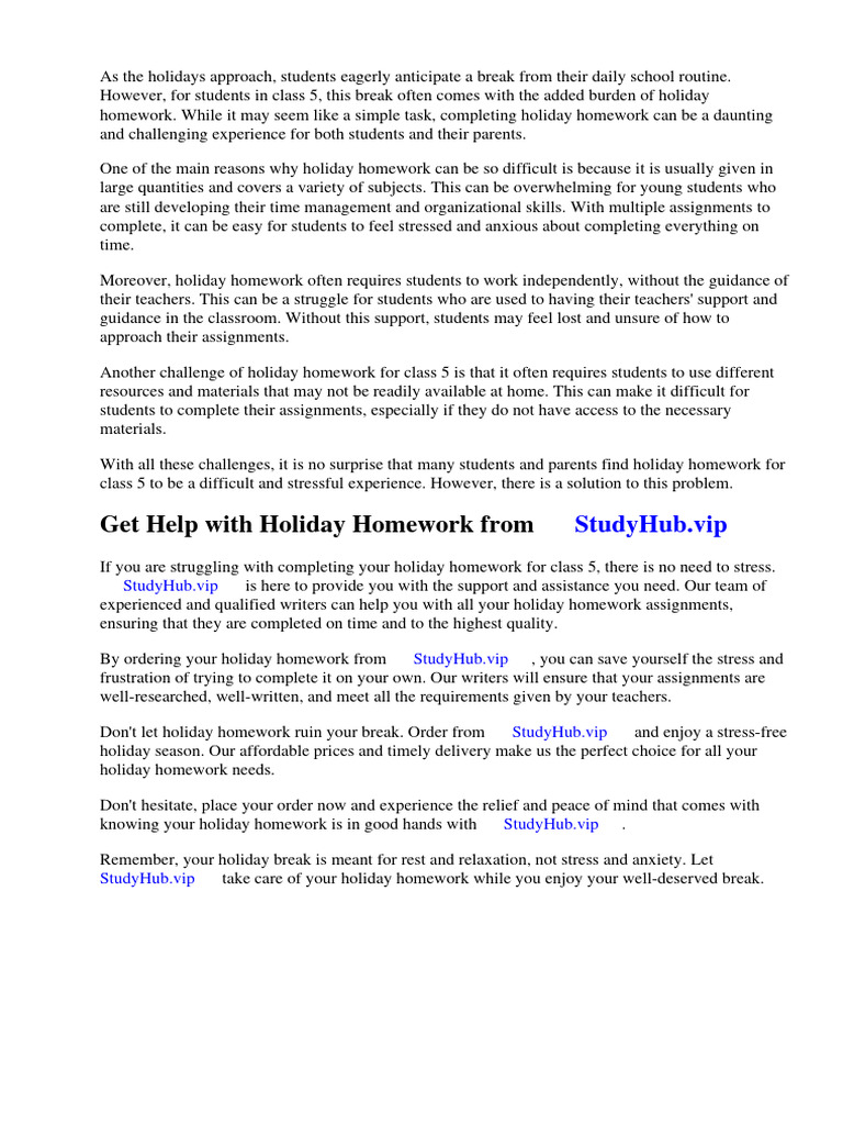 Holidays Homework For Class 5 | PDF | Homework | Notebook