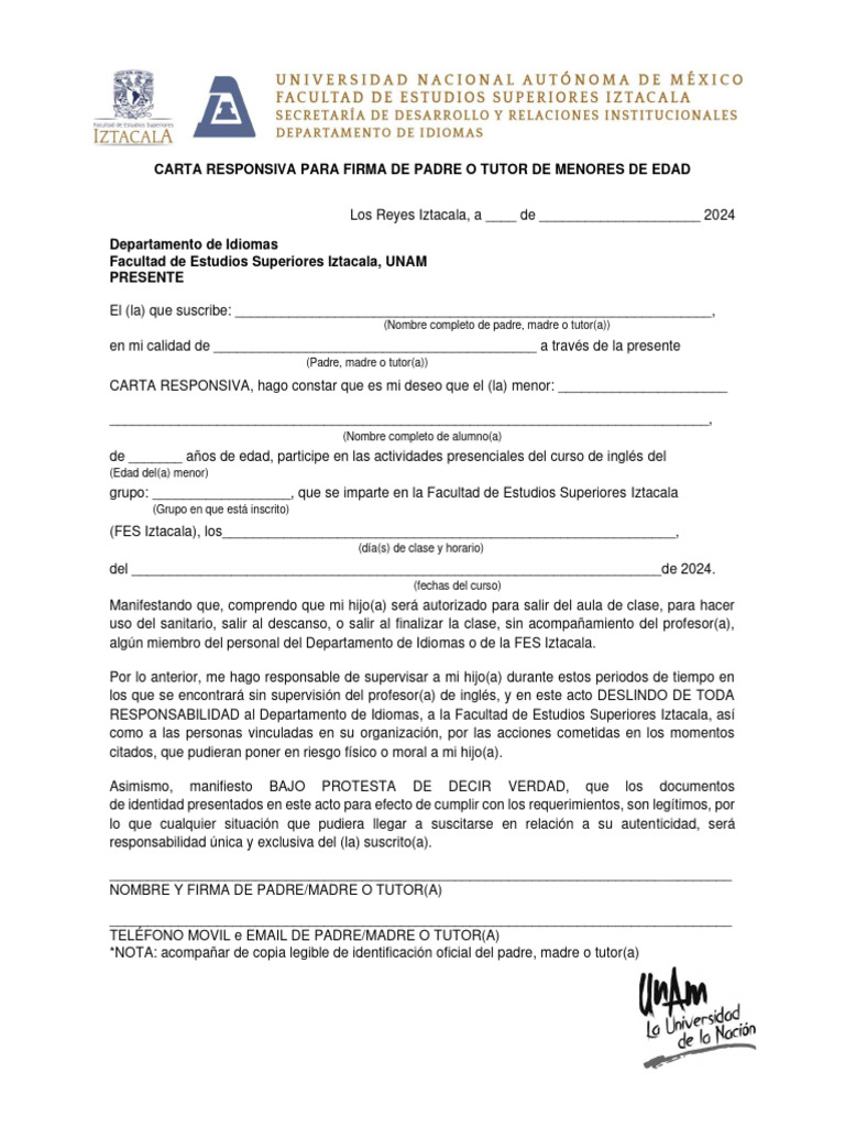 Carta Responsiva Menores Edad 2024 | PDF | Ciencias sociales | Estudios de idiomas extranjeros