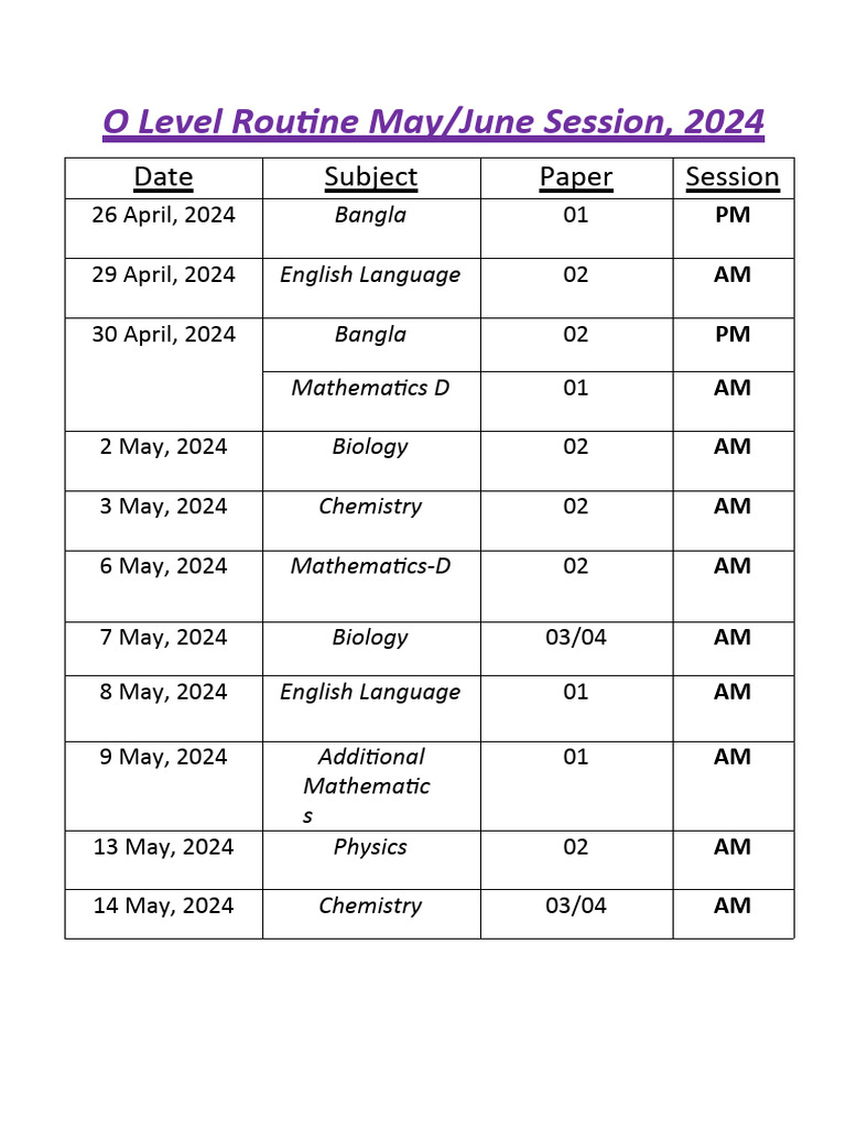 O Level 2024 Exam Schedule | PDF