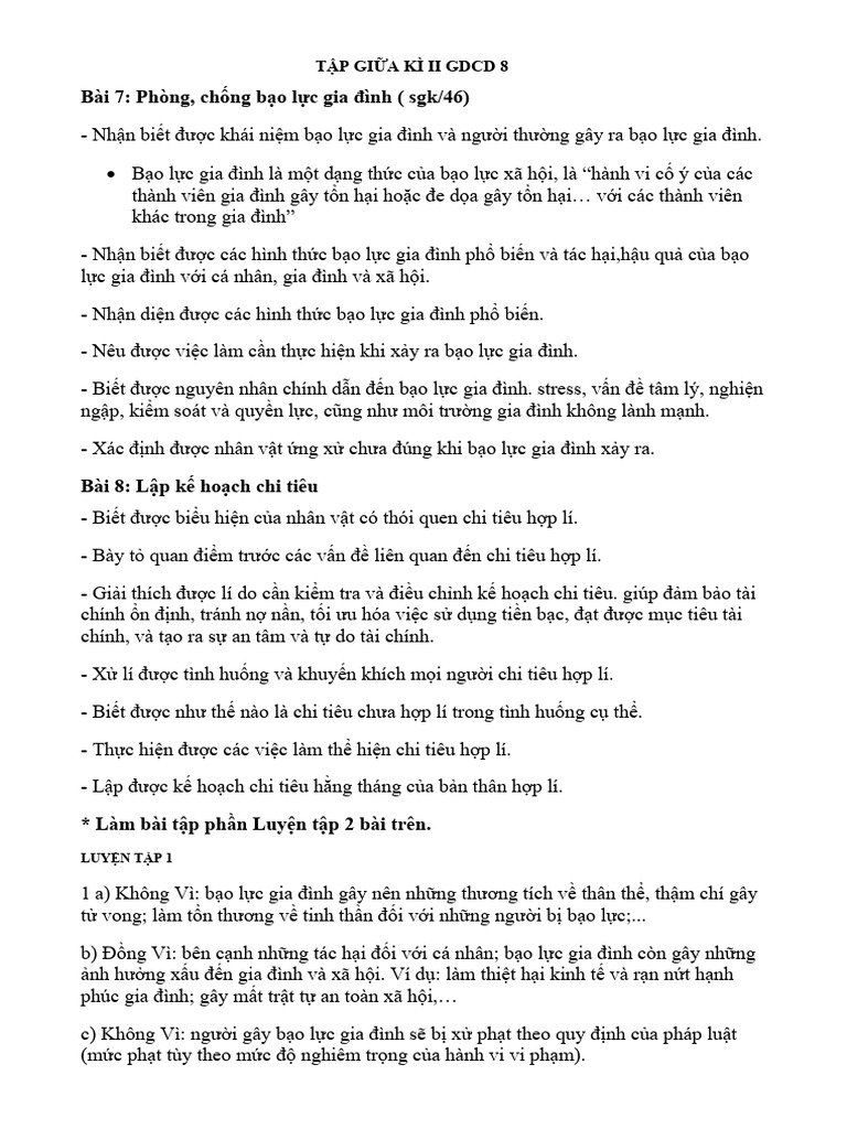 NỘI DUNG ÔN TẬP GIỮA KÌ II GDCD 8 | PDF