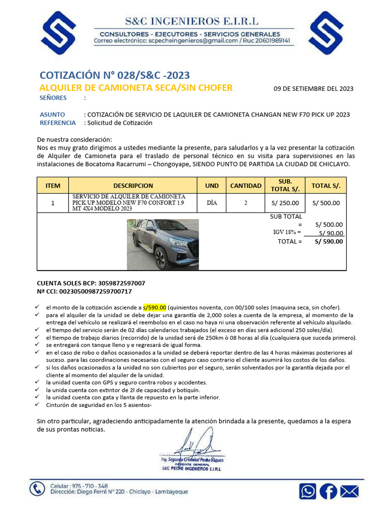 Cotizacion Nº 028 ALQUILER DE CAMIONETA | PDF