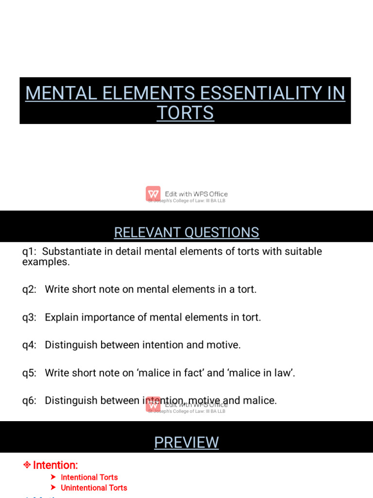 Mental Elements Of Tort Pdf Mens Rea Negligence