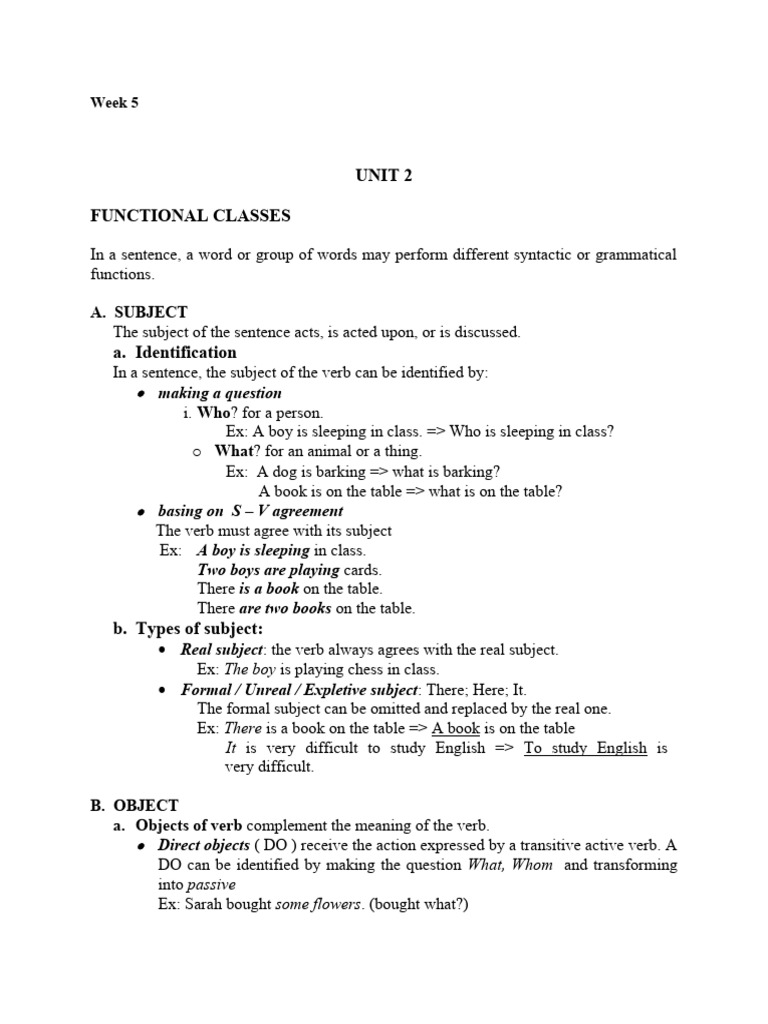 Week 5 Syntax - Functional Classes | PDF | Subject (Grammar) | Verb