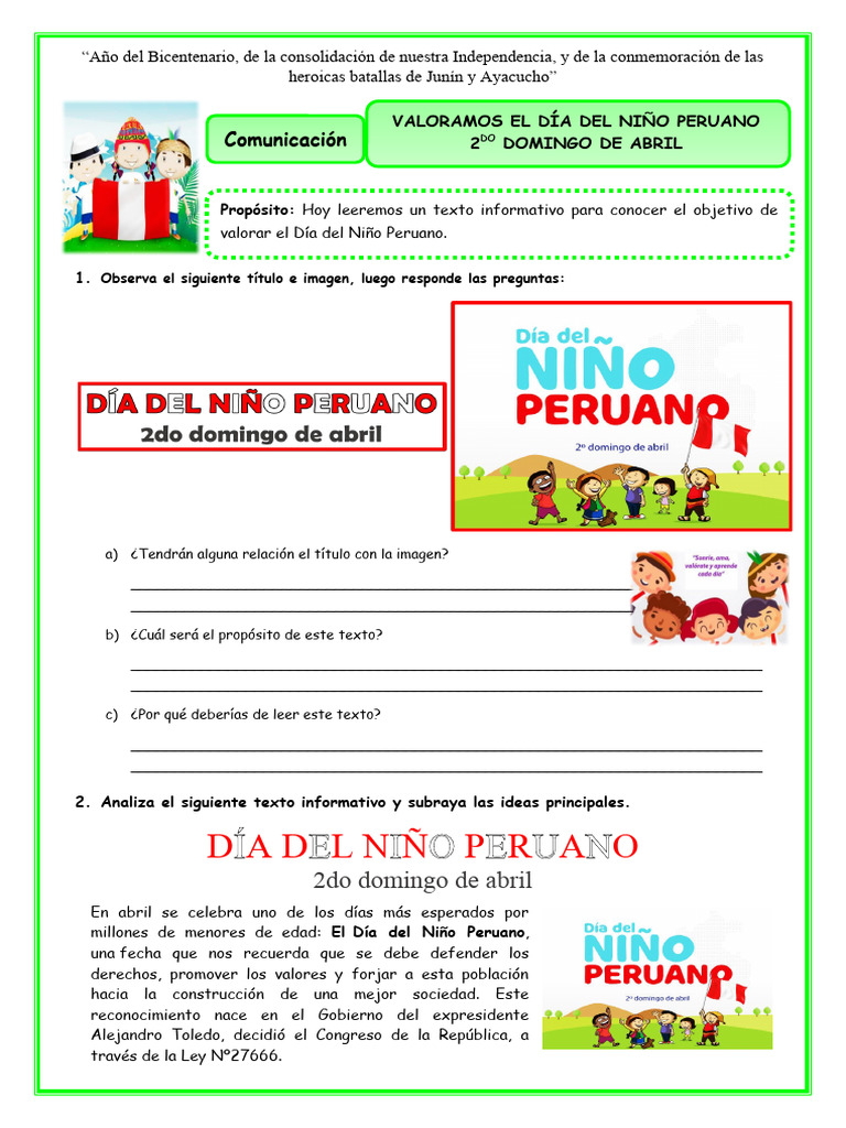FICHA-VIERN-FECHA CÍVICA-VALORAMOS EL DÍA DEL NIÑO PERUANO | PDF | Perú ...
