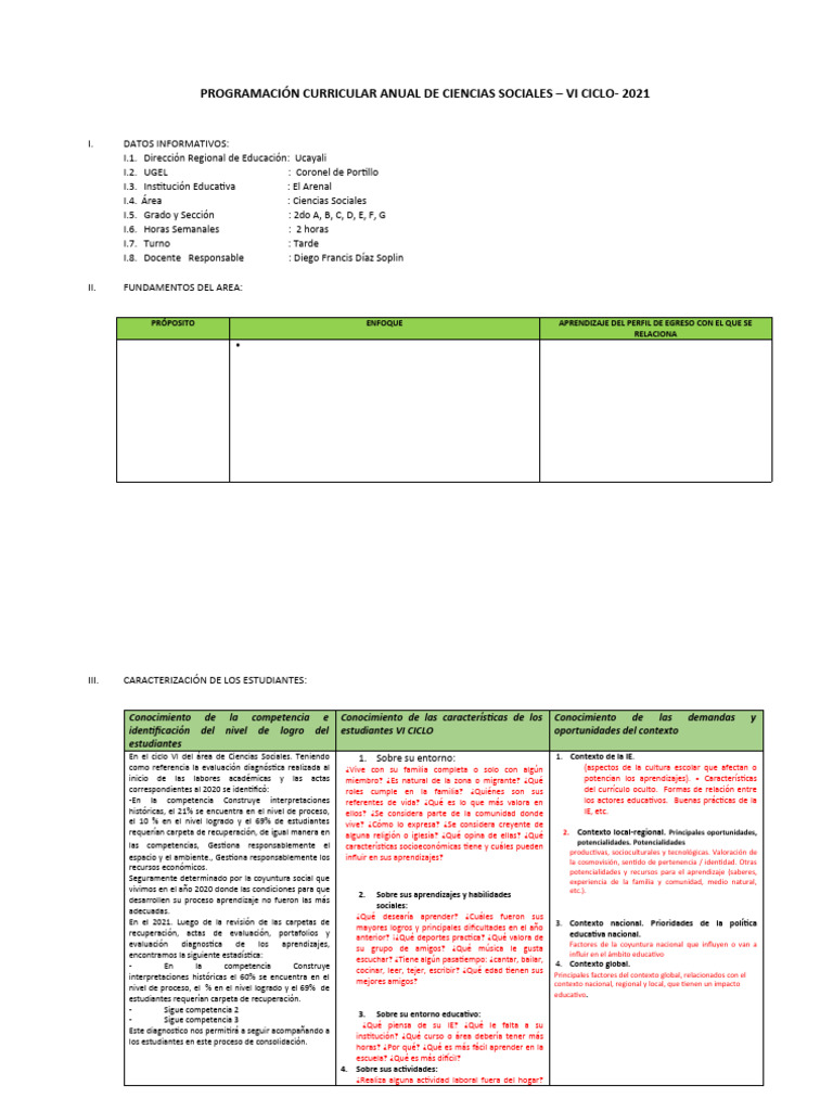 PROGRAMACIÓN CURRICULAR ANUAL DE CIENCIAS SOCIALES 2do Años 2021 | PDF | Evaluación | Aprendizaje