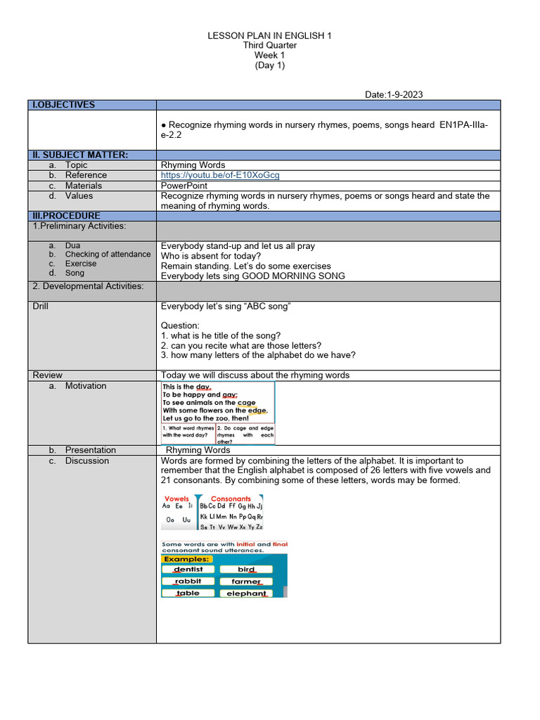 1 Q 3 Week 1 Lesson Plan in English 1 | PDF | Rhyme | English Language