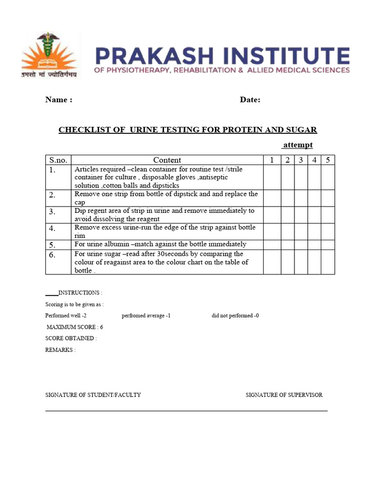 Urine Test Procedure Checklist | PDF