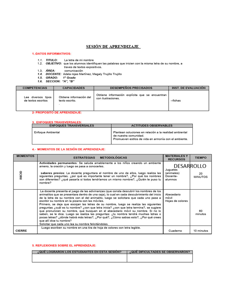 Sesión de Aprendizaje Conocemos La Letra de Mi Nombre | PDF ...