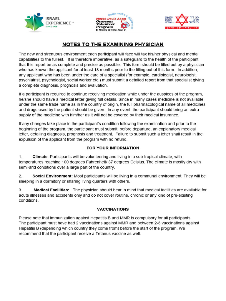 MDA Medical Form | PDF | Physical Examination | Vaccines