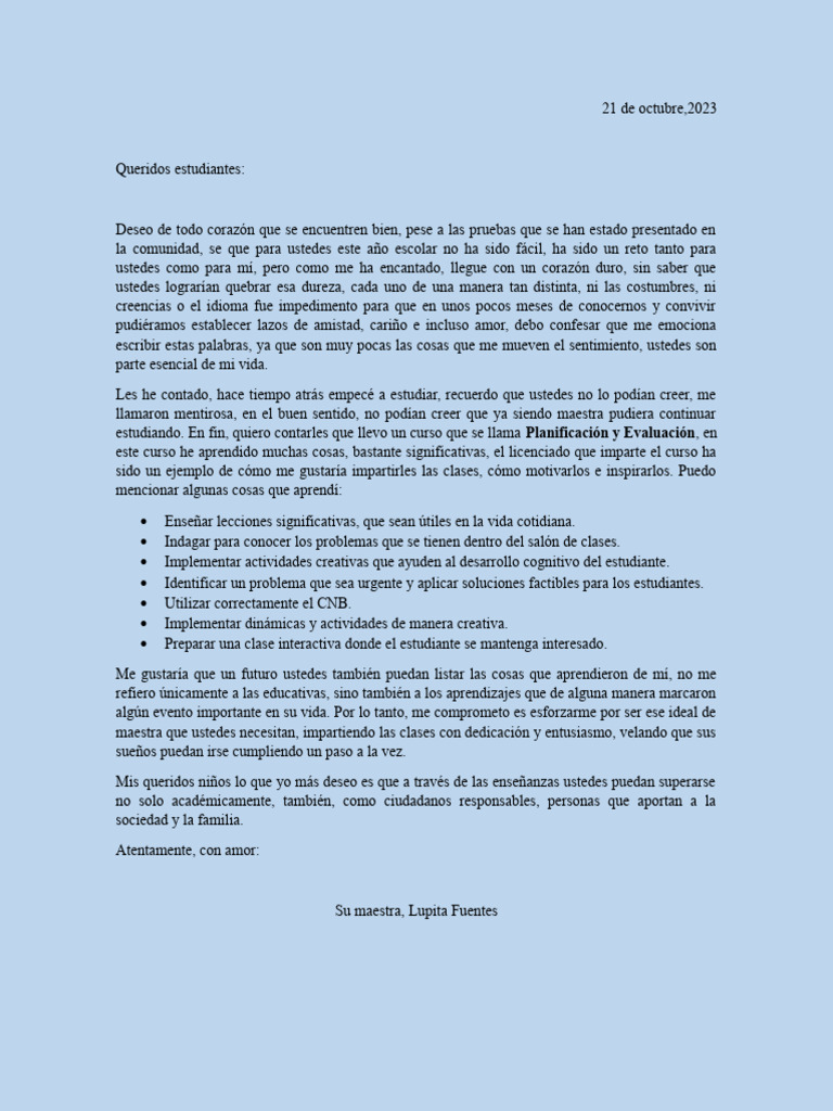 Carta A Mis Estudiantes | PDF | Amor | Aprendizaje