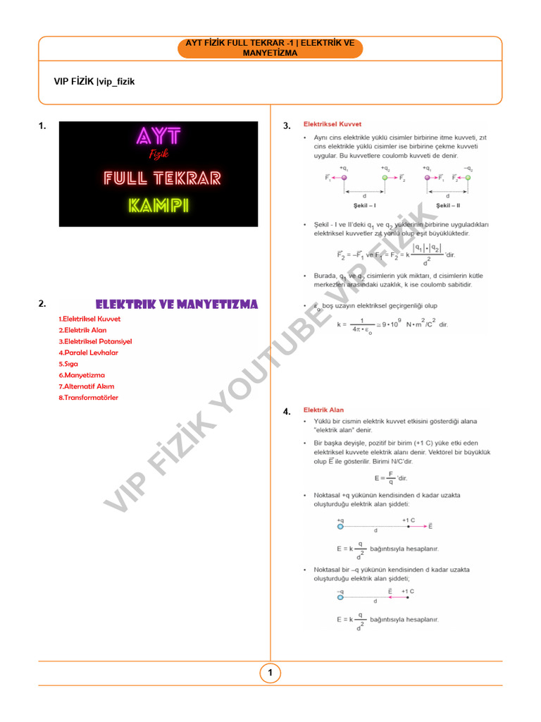 Ayt Fi̇zi̇k Full Tekrar - 1 - Elektri̇k Ve Manyeti̇zma | PDF