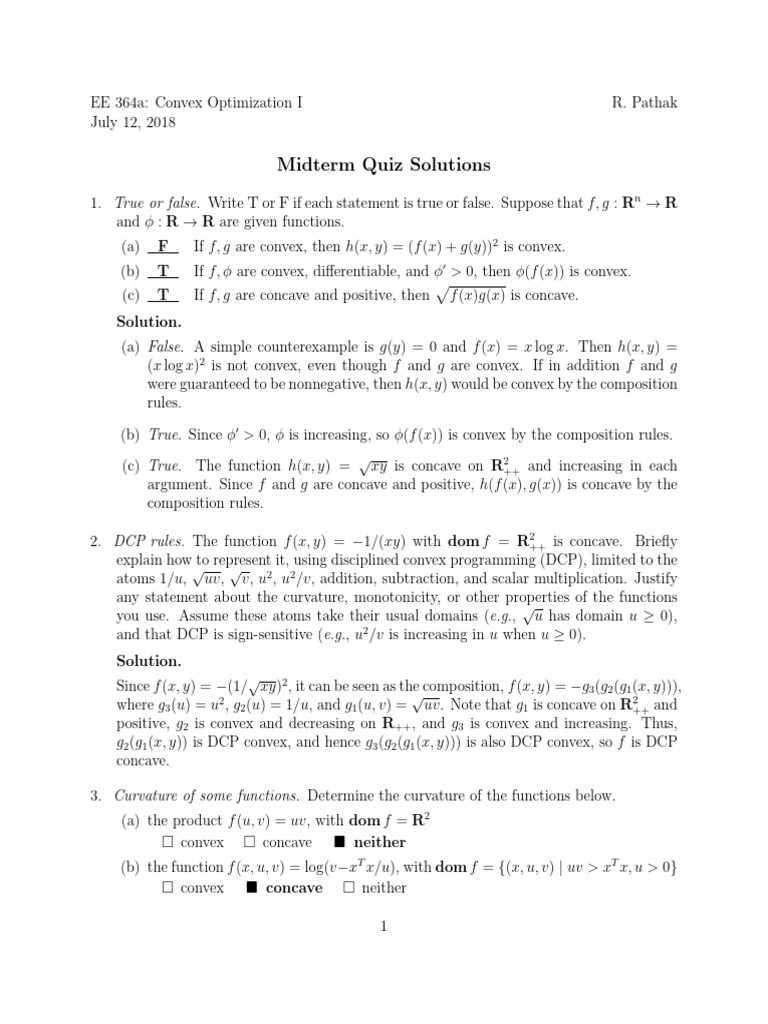 EE 364a Midterm Quiz Solutions | PDF | Convex Set | Functions And Mappings