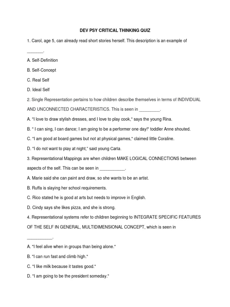 Developmental Psychology Quiz on Self-Concept | PDF | Self Esteem | Self Concept