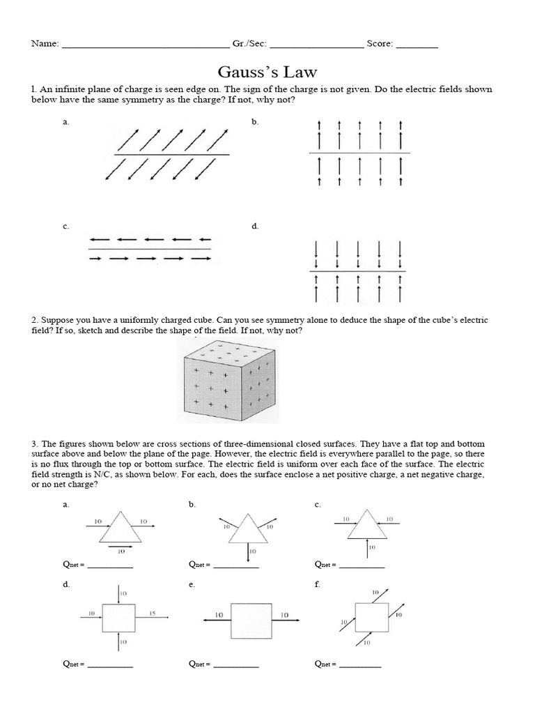 Gausss Law. Activity Sheet | PDF | Flux | Sphere