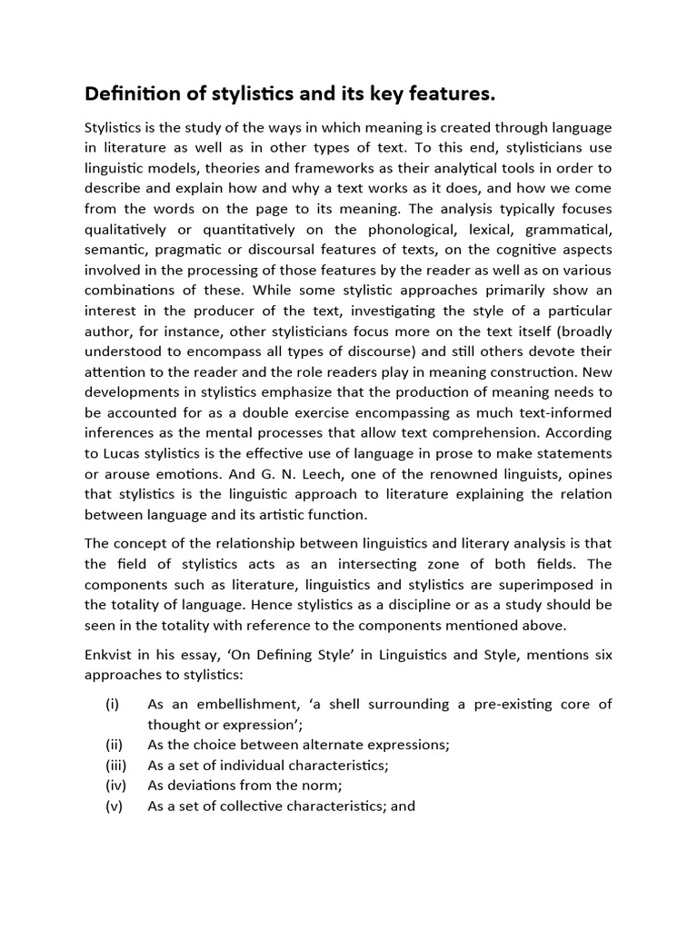 Definition of Stylistics and Its Key Features | PDF | Linguistics ...
