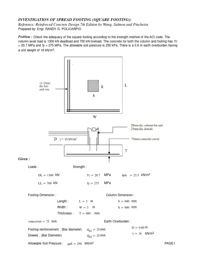 PROBLEM No.1_Investigation of Spread Footing | PDF | Column | Pascal (Unit)