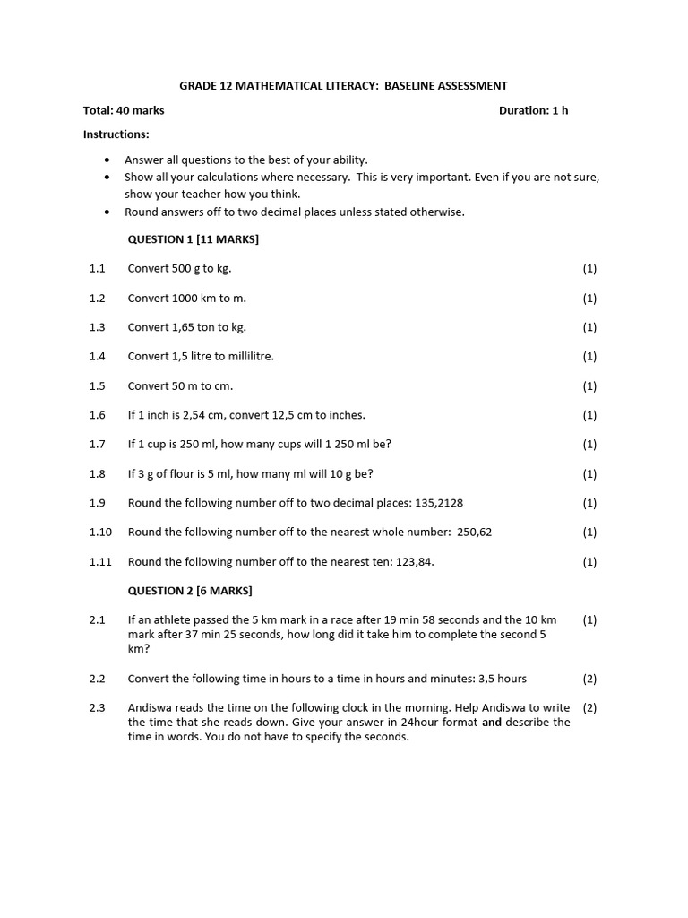 Grade 12 Baseline Assessment | PDF | Significant Figures | Litre Grade 12 Baseline Assessment | PDF | Significant Figures | Litre