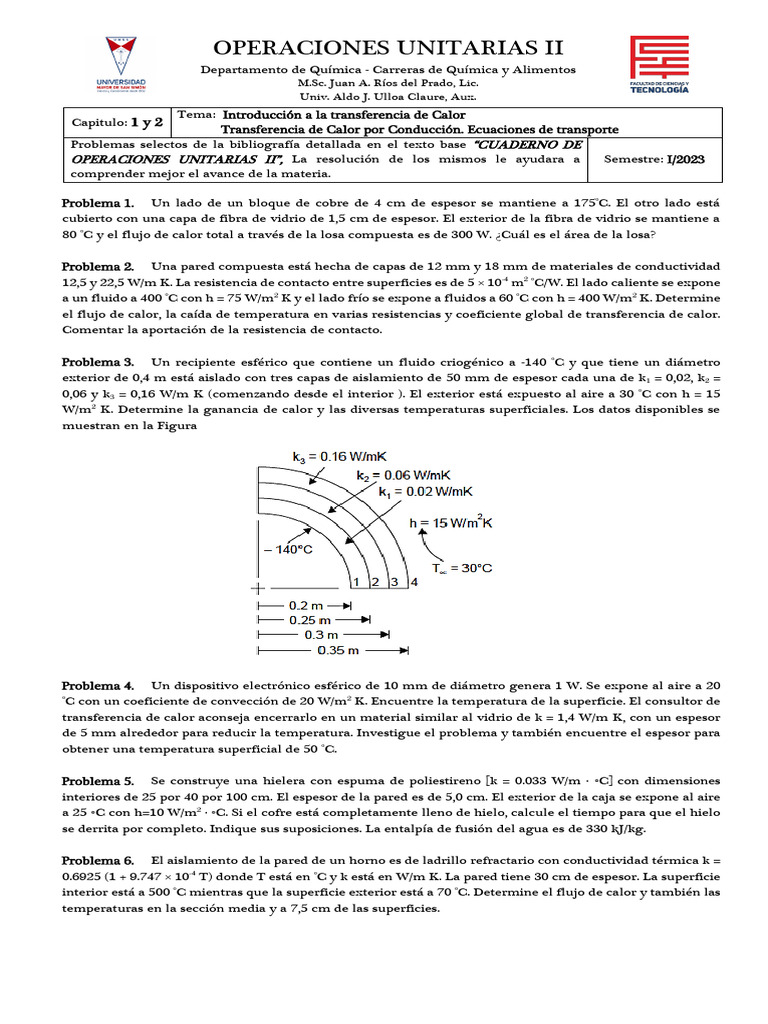 Capitulo 1 y 2. Problemas Operaciones Unitarias II (1-2023) | PDF | Transferencia de calor | Calor