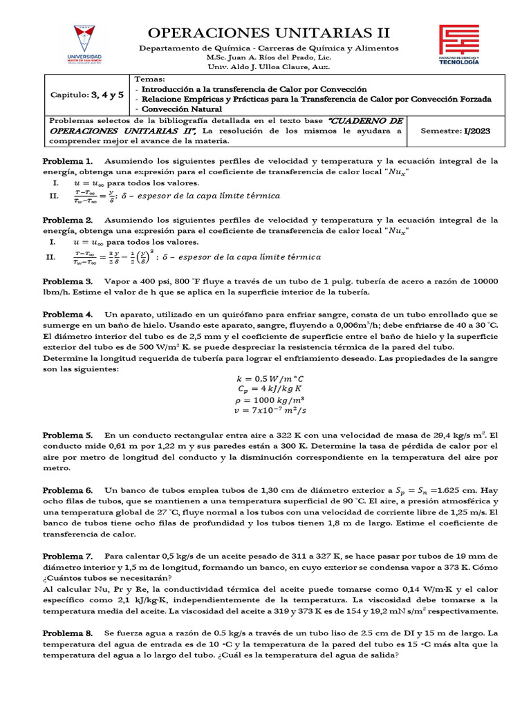 Capitulo 3, 4 y 5. Problemas Operaciones Unitarias II (1-2023) | PDF | Convección | Calor