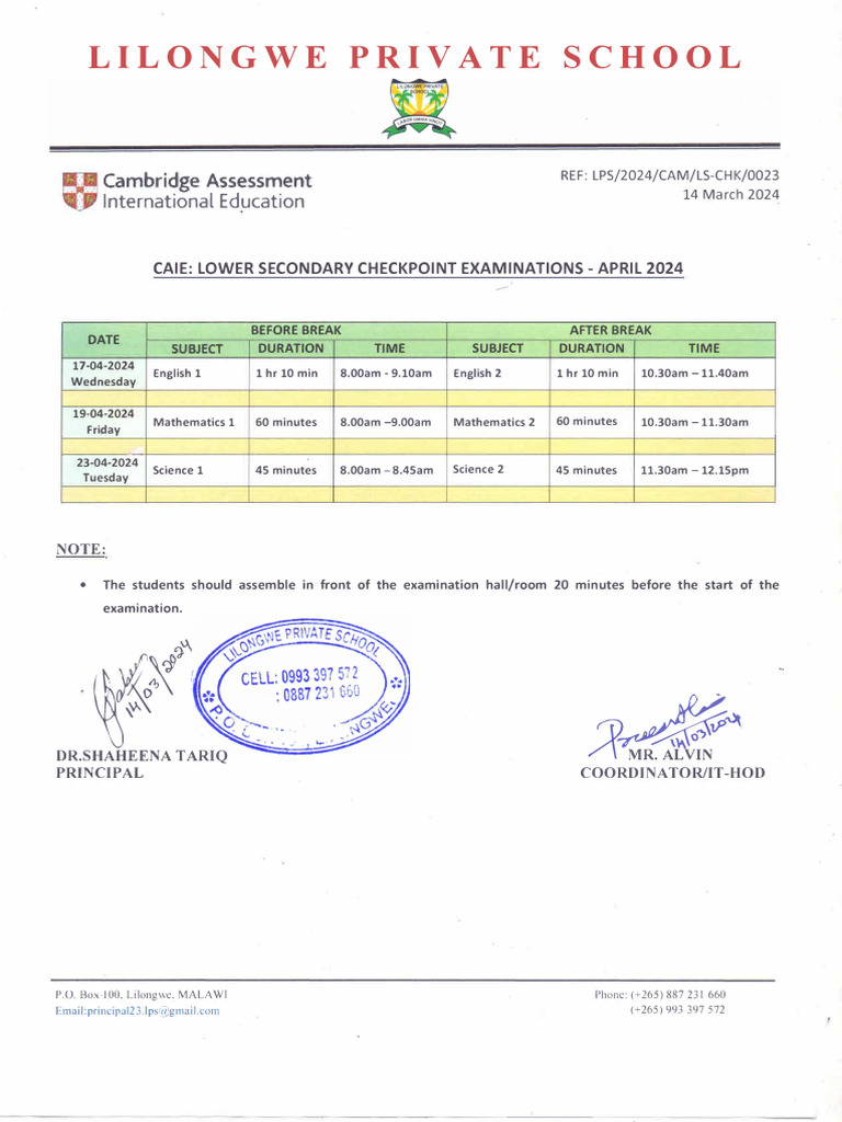 Cambridge Checkpoint Timetable 2023 24 (Form 3) | PDF
