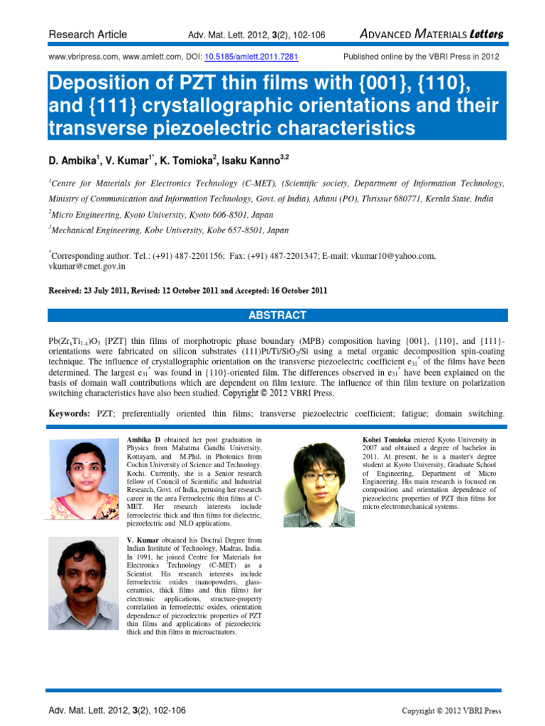 Deposition of PZT Thin Films With (001), (110) ,And (111 ... Deposition of PZT Thin Films With (001), (110) ,And (111 ...
