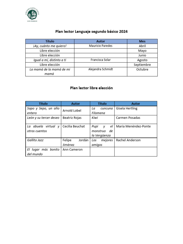 Plan Lector 2° Basico 2024 | PDF