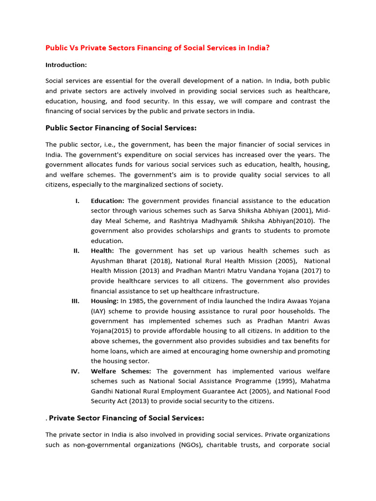 Public Vs Private Sectors Financing of Social Services in India | PDF ...