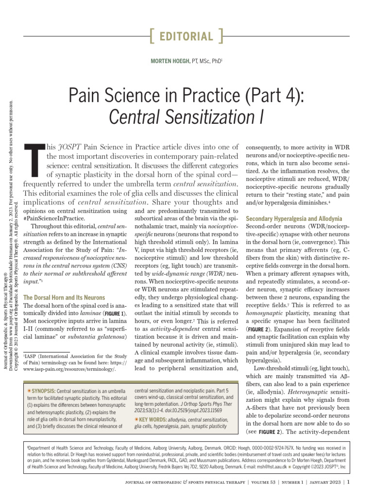 Pain Science in Practice (Part 4) - Central Sensitization I Editorial ...