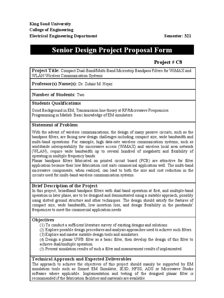 Senior Design Project Proposal Form: Project Title: Professor(s) Name(s ...