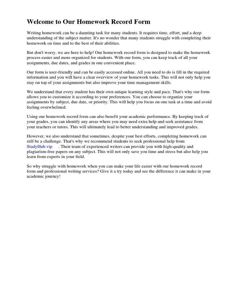 Homework Record Form Pdf Homework Classroom